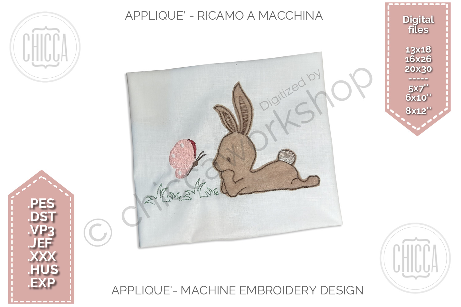 Coniglietto con farfalla - Applique Ricamo a macchina