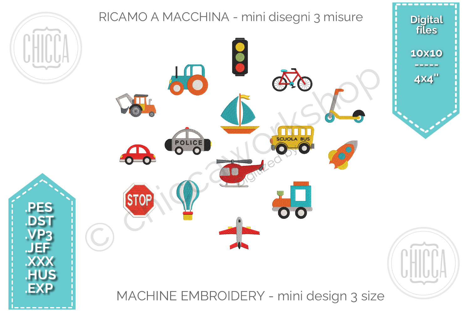 Mini Design Trasporti - 3 misure - Ricamo a macchina